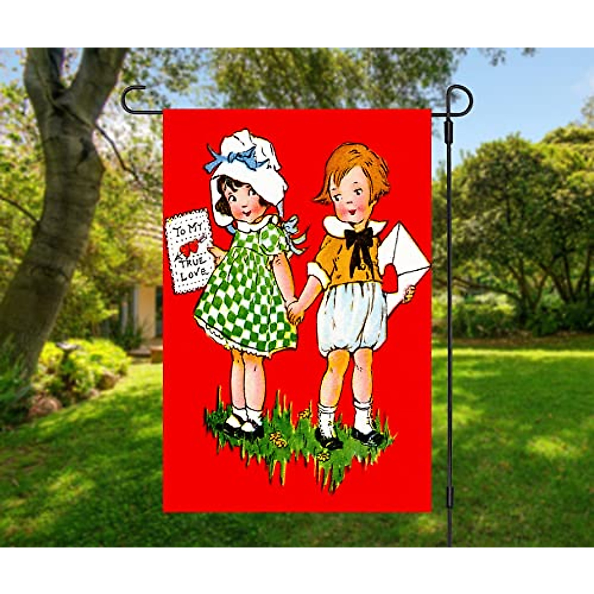 Happy Valentine's Day Garden Flag - Retro Valentines Day Yard Flag - Valentines Day Garden Flags 12x18 Double Sided - Red Vintage Garden Flag Design by Jolly Jon