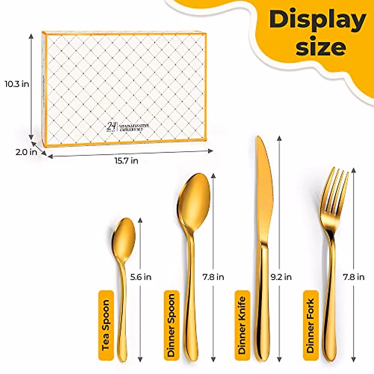 Gold Silverware Set，24-Piece Stainless Steel Flatware Service for 6, Mirror Finish Cutlery Set with Gift Box