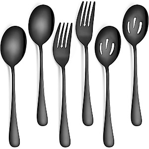 6 Pack Serving Spoons Set Includes 2 Serving Spoons 2 Slotted Serving Spoons and 2 Serving Forks Stainless Steel Buffet Dinner Restaurant Serving Spoons Set for Party Banquet, 8.7 Inch (Black)