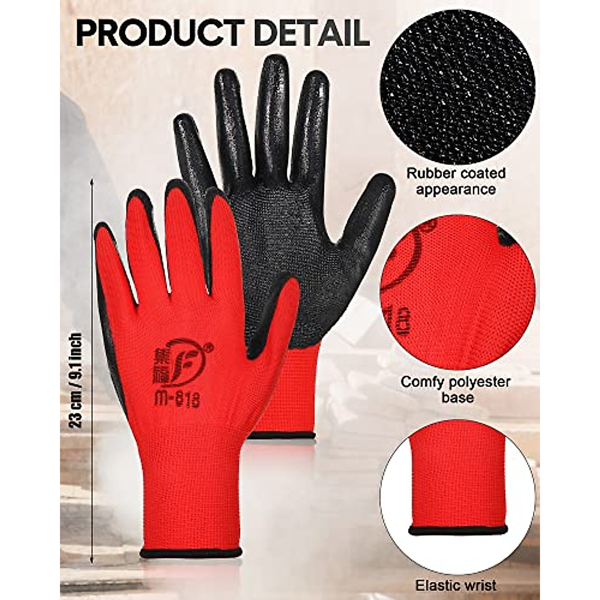 Nuogo 48 Pairs Gardening Gloves for Men Women Rubber Coated Work Gloves Garden Gloves Safety Work Gloves Construction Gloves (Red, Black)