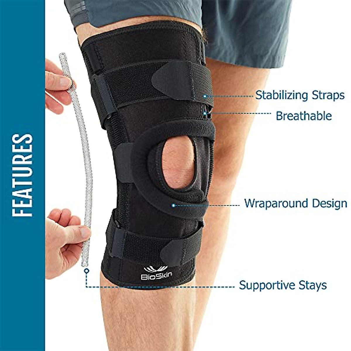 BIOSKIN Wraparound Patella Stabilizer Knee Brace for Patellofemoral Pain, Patella Tracking Disorders, Dislocation, and Subluxation, Left or Right Kneecap Tracking (L)