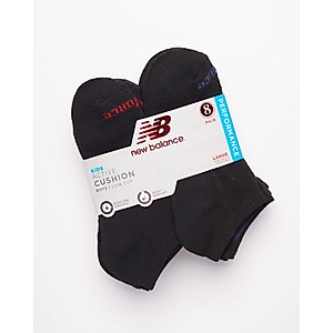 New Balance Boys' Performance No Sweat Low Cut Socks with Arch Support (8 Pack), Size Large, Black