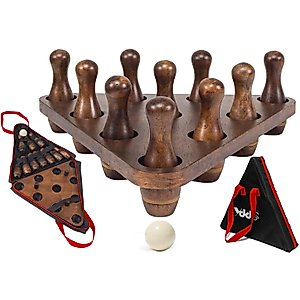 YDDS Shuffleboard Bowling Pin Set with 10 Pcs Premium Hardwood Bowling Pins Durabel Triangular Pinsetter Resin Bowling Ball and Carrying Bag, Fun for Shuffleboard Games
