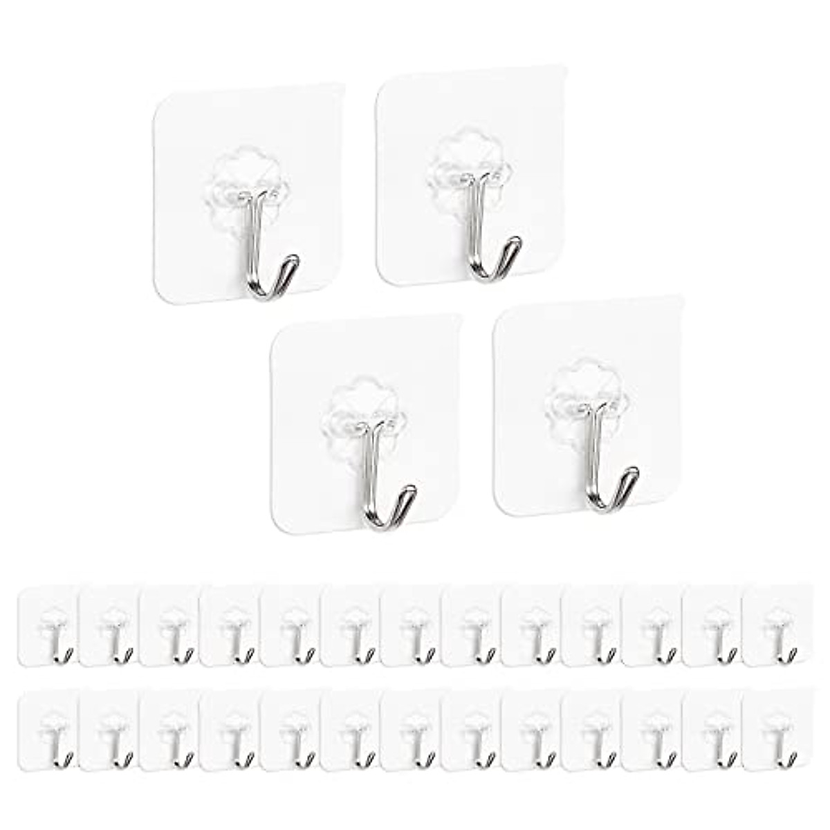 30 Pack Adhesive Hooks for Hanging Heavy Duty Wall Hooks 13 lbs, Waterproof and Rustproof Transparent Reusable Seamless Hooks for Home Kitchen, Bathroom, Office