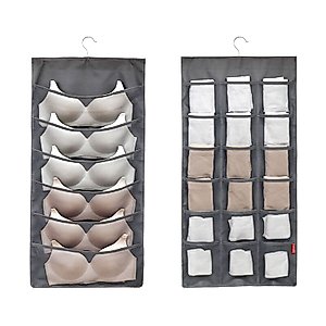 Hanging Bra Closet Organizer and Storage Pockets Wall Organizer 24 Pockets Enlarged Hanging Mesh Pockets Dual Sided Wall Closet Underwear,Bra,Socks,Accessories with Hanger (Grey)