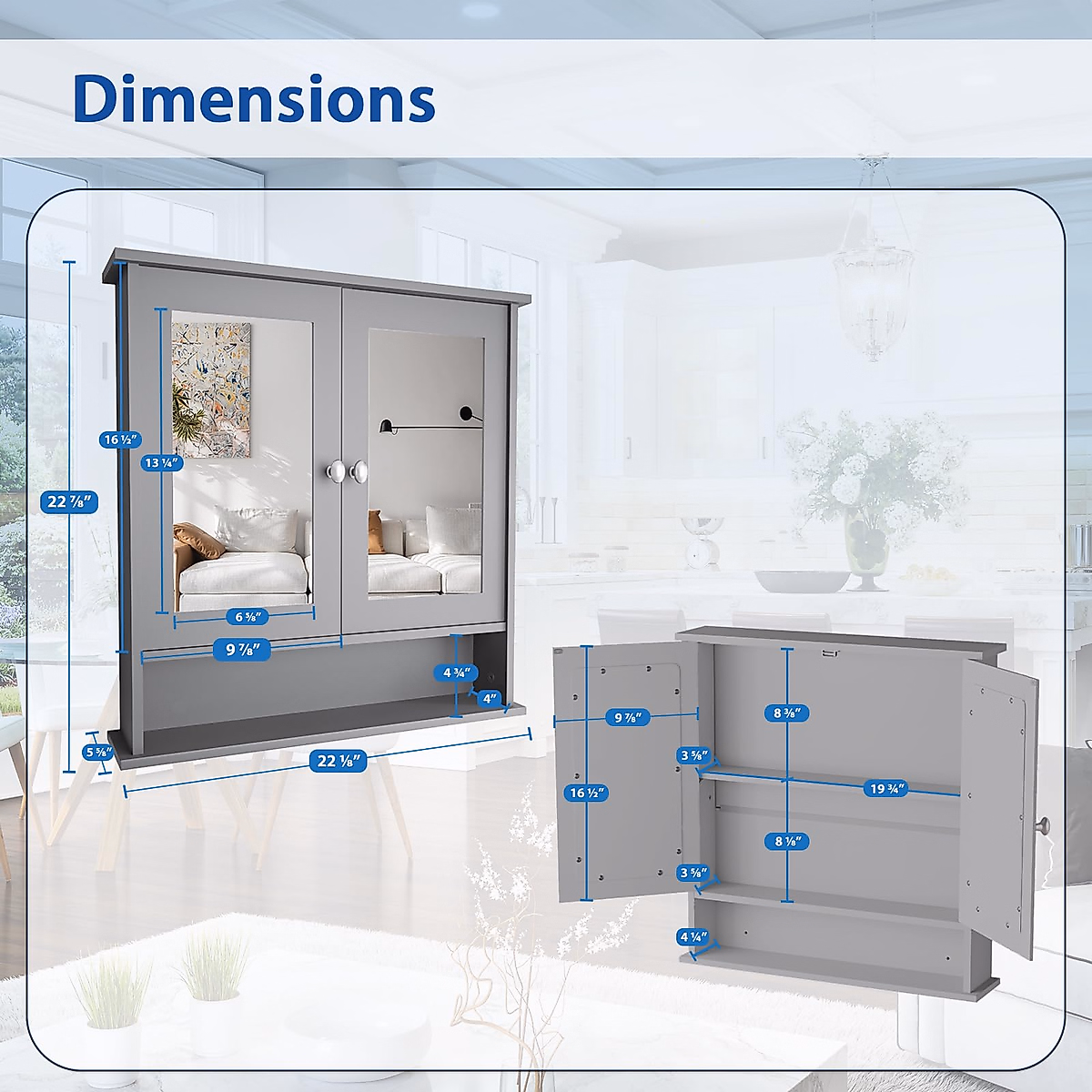Lifetime Home Modern Bathroom Wall Cabinet with Mirror & Adjustable Shelf - Wall Mounted Utility Medicine Cabinet for Kitchen, Living Room Garage Laundry Room - Wooden Storage Over Sink Toilet