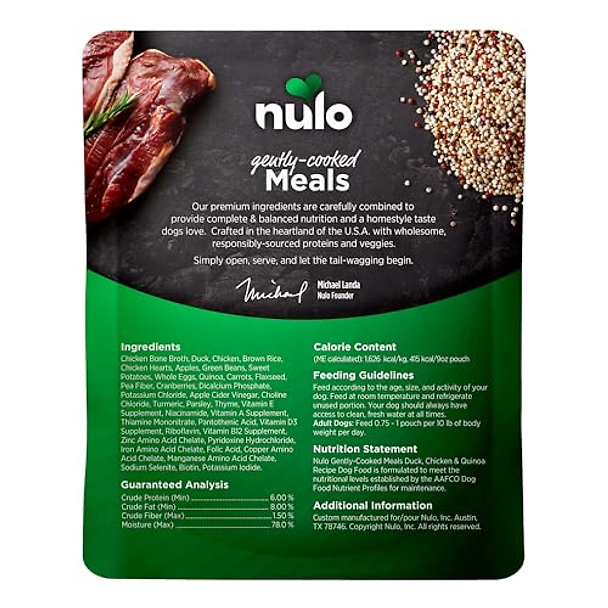 Nulo Gently-Cooked Meals Complete and Balanced Adult Wet Dog Food, Duck & Quinoa, 9 Ounce, 8 Count