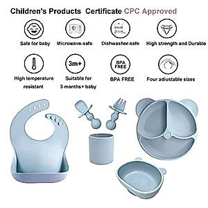 TINGGNIT 6pcs Silicone Baby Feeding Set, Silicone Bib, Toddler, Bowl, Straw Cup with Suction Baby Plate Fork&Spoon Baby Eating Supplies, Baby Plates With Suction,Baby Gifts,(Dust Blue）