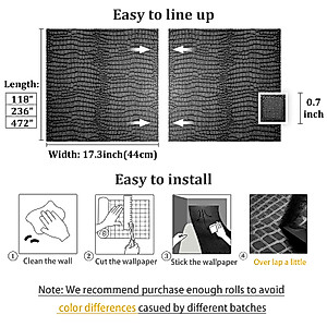 Fititem Black Wallpaper Peel and Stick Wallpaper 118”×17.3” Black Contact Paper for Cabinets Removable Textured Wallpaper Modern Crocodile Self Adhesive Wallpaper Bedroom Bathroom Wallpaper Waterproof