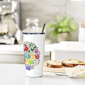 Happy Shavuot Jewish Holiday Stainless Steel Vacuum Insulated Tumbler 20oz Coffee Cups Travel Mug Car Water Cup With Leak-Proof Flip Lid Metal Straw Cleaning Brush Gift For Men Women