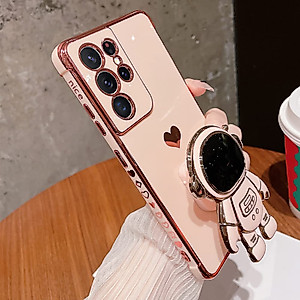 AIGOMARA 6D Plating Astronaut Hidden Stand Case Cover for Samsung Galaxy S21 Ultra 5G Women Astronaut Folding Bracket Kickstand iPhone Case with Camera Protector Soft TPU Shockproof Bumper - Pink