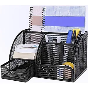 GCOCL Desk Organizer with 7 Compartments, Metal Desktop Organizers Storage with Removable Drawer and Dividers, Black