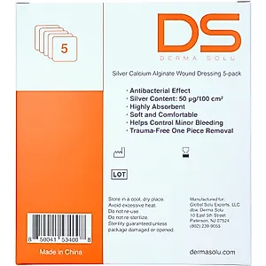 DERMA SOLU 4” x 4” Silver Calcium Alginate Wound Dressing Alginate w/Silver Sterile (4" x 4" (5 Dressings))