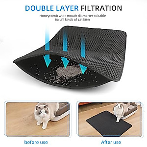 Cat Litter Mat Litter Trapping Mat, Honeycomb Double Layer Litter Box Mat, Waterproof Leakproof Washable Easy Clean, Anti-Slip, Scatter Control, No Phthalate, Scratch Resistant, 25" x 18" Black