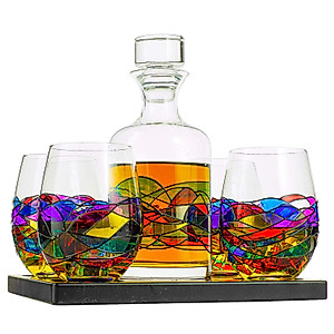 The Wine Savant Artisanal Hand Painted Glassware Gift for Mom, Wife, Friend - Artisanal Barcelona Hand Paint Whiskey & Wine Decanter Set, Renaissance Romantic Stain-glasses- Gift Multicolor