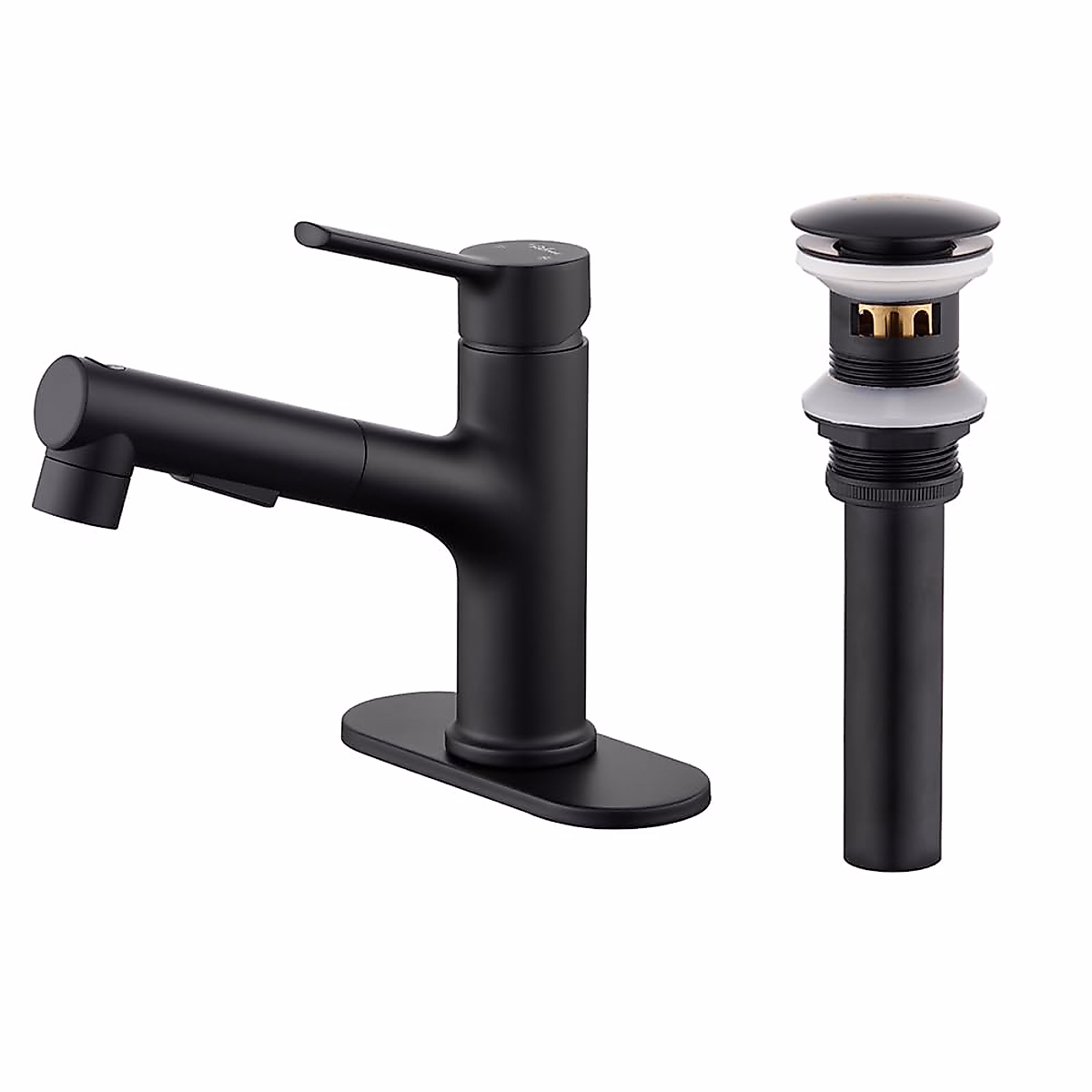 LAZ HOME Bathroom Sink Faucet with Pull Out Sprayer,Brass Single Handle Black Bathroom Basin Faucet with Bathroom Sink Drain Detachable Strainer Basket