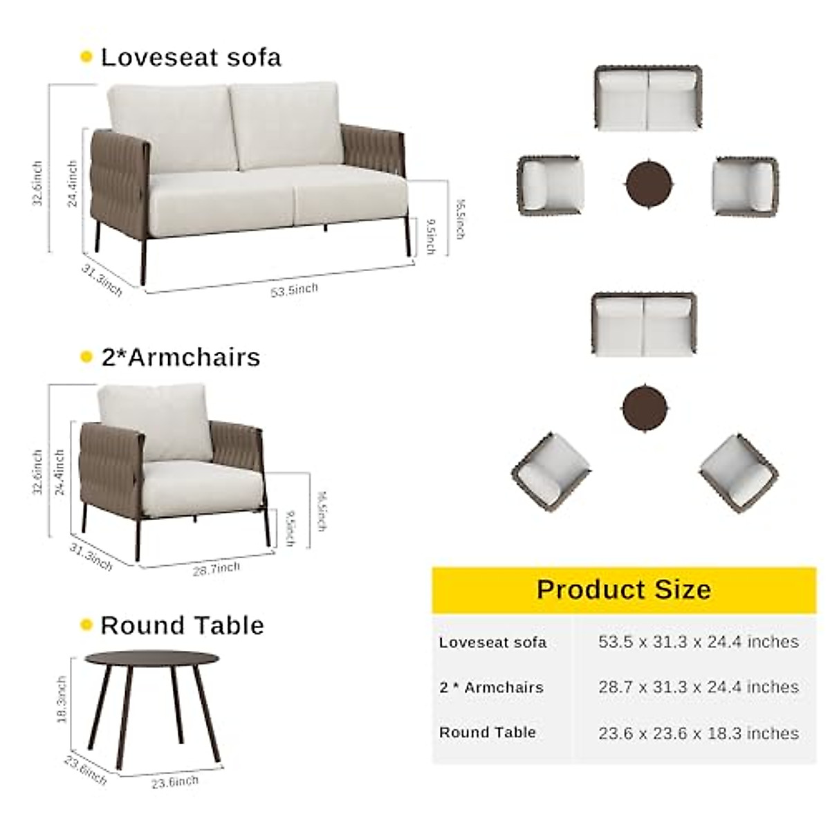 EAST OAK Life Chatter 4 Pieces Patio Furniture Set, Outdoor Furniture with Coffee Table, Patio Conversation Set Deep Seating with Thick Cushion, Backyard Porch Balcony, Chestnut Brown & Creamy Apricot
