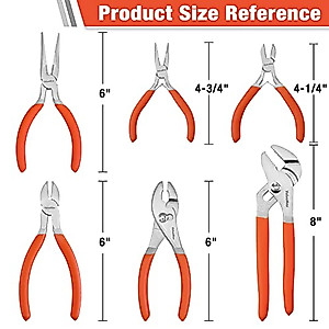 ValueMax 6-Piece Pliers Set, Includes 6 Inch& 4-3/4 Inch Long Nose Pliers, 6 Inch& 4-1/4 Inch Diagonal Pliers, 6 Inch Slip Joint Pliers, 8 Inch Groove Joint Pliers, Dipped Handle for DIY& Home Use