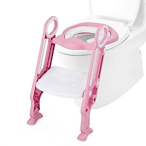 BABY JOY Kids Portable Potty Training Toilet Seat w/Step Stool Ladder, Foldable and Adjustable Toddler Toilet Training Seat Chair for Boys Girls Toddlers, Non-Slip Pads and Soft Cushion Seat (Pink)