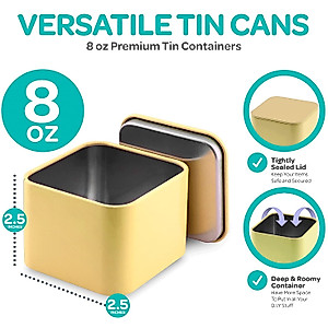 Hearts & Crafts Yellow Square Candle Tins 8 oz with Lids - 24-Pack of Bulk Candle Jars for Making Candles, Arts & Crafts, Storage, Gifts, and More - Empty Candle Jars with Lids (Metal)