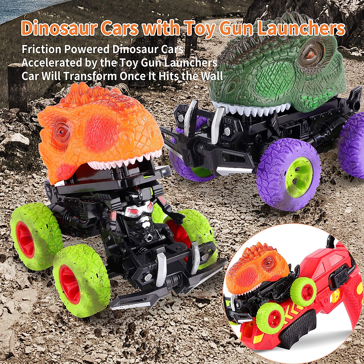 FiGoal 2 Pack Dinosaur Cars with Toy Gun Ejecting Friction Powered Dino Car Transforming Dinosaur Toys Car Gifts for Boys Girls Toddlers Classroom Prize Gifts