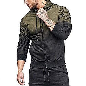 Men's Pullover Winter Workout Thenlian Mens' Autumn Winter Long Sleeve Splicing Fold Hooded Top Blouse Outwear(Army Greem, XL)