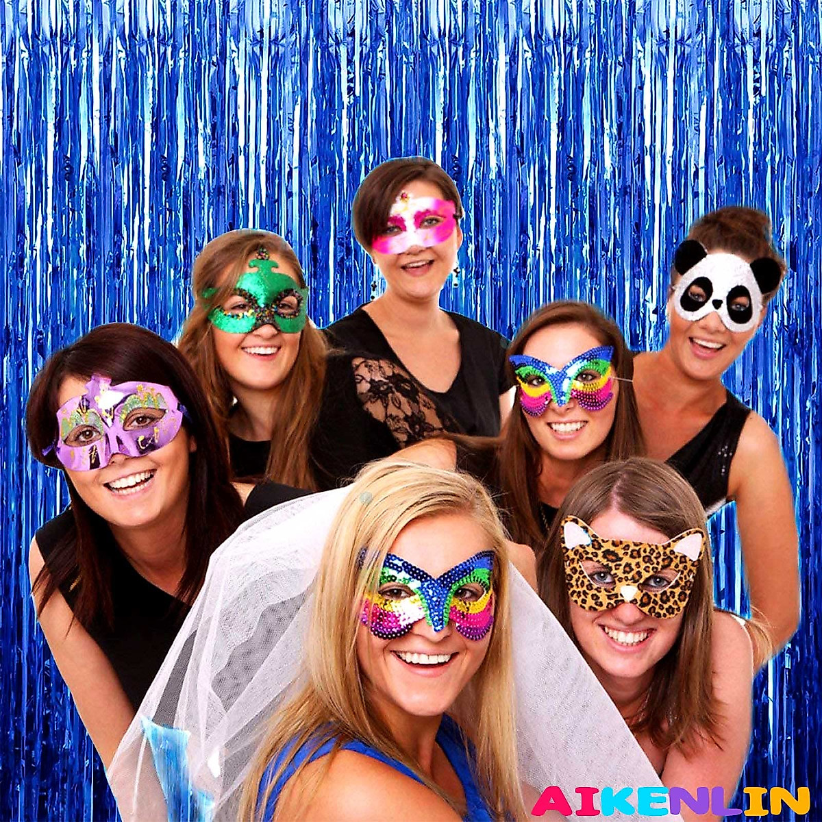 4 Pack 3.2Ft x 8.2Ft Blue Foil Fringe Curtain Backdrop, Metallic Tinsel Foil Fringe Streamers Curtains Background for Photo Booth, Birthday, Wedding, Halloween, Christmas Party Decoration