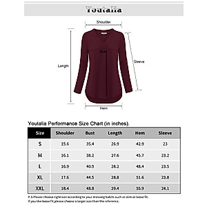 Youtalia Long Sleeve Tops for Women, Ladies Business Casual Shirts Loose Cute V Neck Chiffon Blouses Solid Color Pleated Flowy Tunic Shirts for Party (X-Large, Dark Cyan)