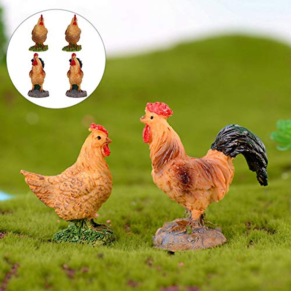 ARTIBETTER 4pcs Farm Animal Figurines Miniature Resin Hen Rooster Chicken Statues Sculpture for Bonsai Fairy Gardens Scene Micro Landscape Decor
