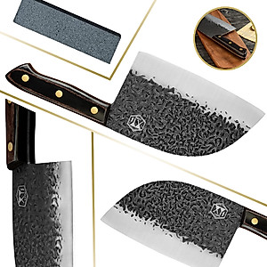 XYJ Full Tang Boning Butcher Knife With Leather Sleeves Hammer Blade High Carbon Stainless Steel Serbian Chef Knives For Kitchen Camping or Outdoor BBQ