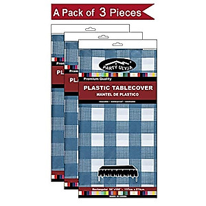 Blue Gingham Checkered Plastic Tablecloths 3 Pack Disposable Table Covers 54 x 108 Inches Party Tablecovers PEVA Vinyl Buffalo Plaid Table Cloths for Rectangle Tables Upto 8 ft and Picnic Barbecue