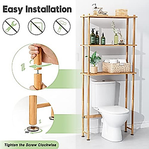 AmazerBath Over The Toilet Storage Shelf Bamboo, 3-Tier Over Toilet Organizer Rack, Freestanding Above Toilet Shelf for Bathroom, Laundry, Space Saver, Natural Color