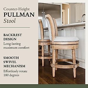 Maven Lane Pullman 26 Inch Tall Counter Height Upholstered Barstool with Back in Weathered Oak Finish with Sand Color Fabric Cushion Seat, Set of 4