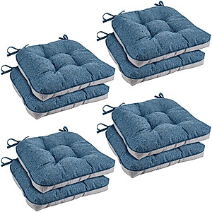8 Pack Indoor Chair Cushions for Dining Chairs Kitchen Chair Pad with Ties Tufted Overstuffed Memory Foam Textured Chair Cushions Non Slip Backing Chair Seat Cushions, 15.5 x 15.5 Inches, Blue