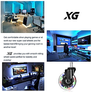 Office Chair Caster with RGB Color Changing Lights Set of 5 Rubber Replacement, Heavy Duty Universal Quiet Rolling Casters Fit Standard Office Chair for Hardwood Floors, Tiles and Carpet