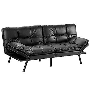 Sweetcrispy Futon Sofa Bed - Sleeper Convertible Futon Couch, Memory Foam Couch Convertible Loveseat for Living Room, Leather, Black