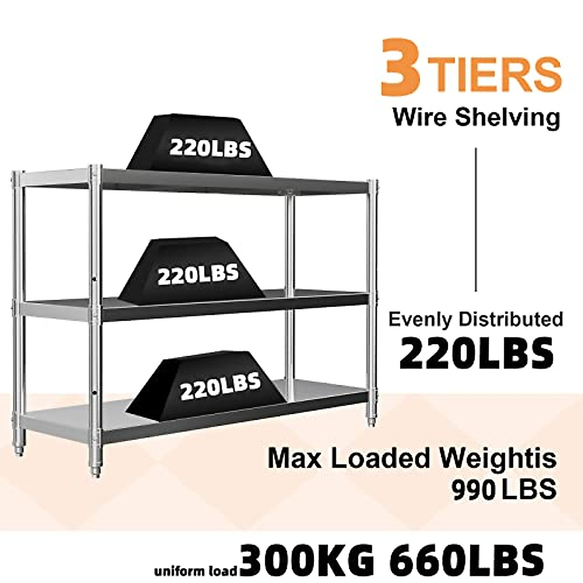 storage rack, 3Tier Shelf Adjustable Stainless Steel Shelves, Sturdy Metal Shelves Heavy Duty Shelving Units and Storage for Kitchen Commercial Office Garage Storage, 47L X 16W X 31.5H 660Lbs Total
