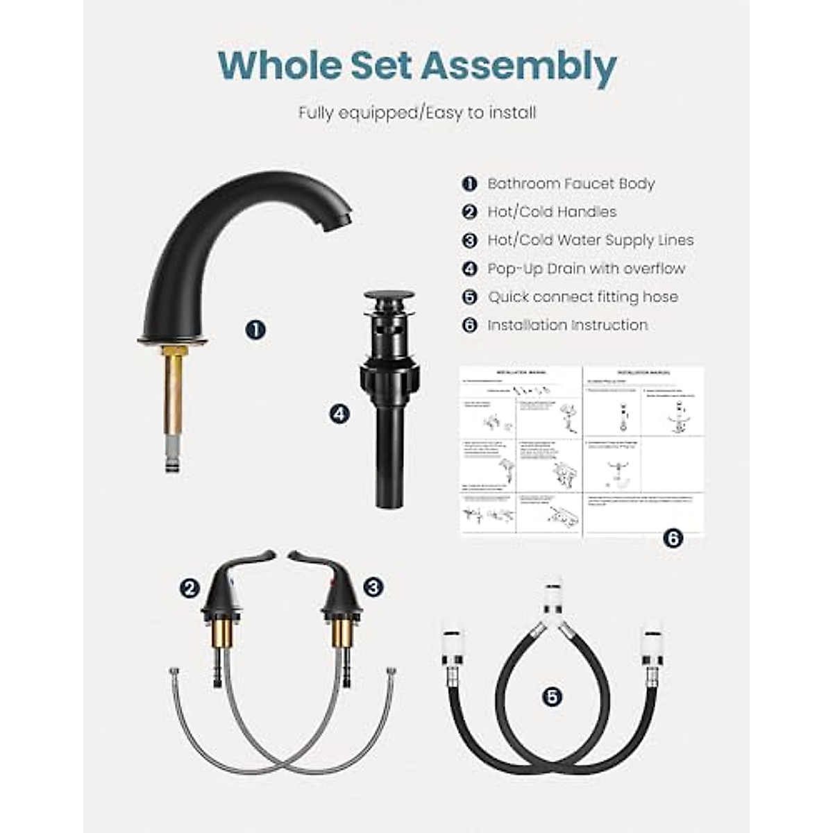 Black Bathroom Faucets, Faucet for Bathroom Sink - 2 Handle Basin Faucet, 3 Hole 8 Inch Widerspread Bathroom Faucet with Pop Up Drain Assembly, Water Supply Lines Faucets for RV Bath Vanity