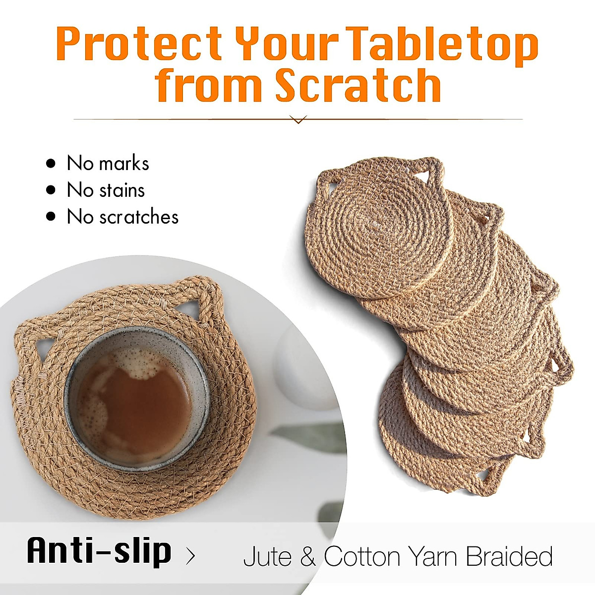 Boho Coasters for Drinks Absorbent, Set of 6 Jute Coasters for Coffee Table Dinning Table, Funny Cat Coasters 4.7 inch, Unique Farmhouse Coasters for Home Decor (4.7 inch)