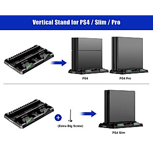 ElecGear Vertical Stand for PS4, Charging Station with Cooling Fan, Charger Dock for DualShock 4 Controller, 16x Games Blu-ray Storage Bracket Accessories Kit for Playstation 4, PS4 Pro, PS4 Slim