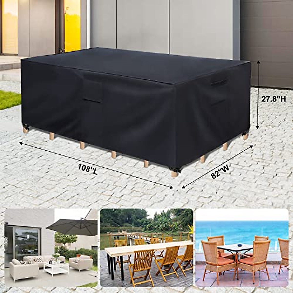 Rosoenvi Patio Furniture Covers, 600D Outdoor Furniture Covers Waterproof, Patio Covers for Outdoor Furniture, Table and Chair Set Covers for Rainy, Snowy and Sunny, 108 x 82 x 27.8 Inch