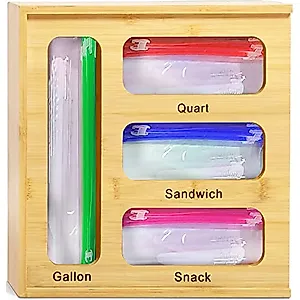 Bamboo ziplock bag storage organizer for kitchen drawer, plastic bag holder, kitchen drawer organizer, drawer oganizer, compatible with veriety of bags as snack, sandwich, gallon,quart size bags