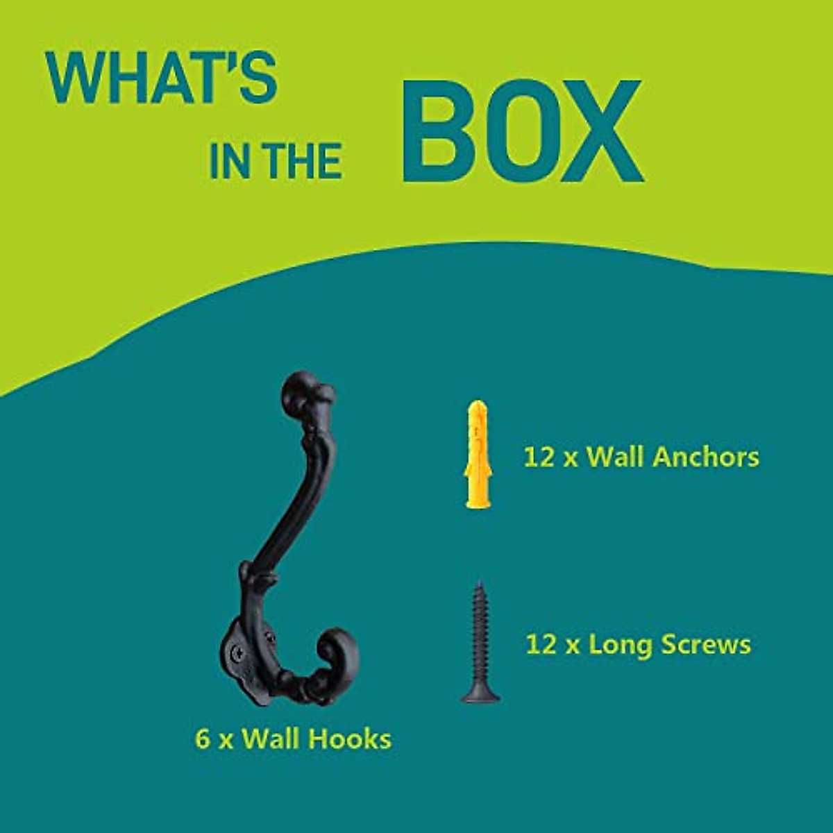 6 Pack Cast Iron Wall Hooks Antique Vintage Rustic Farmhouse Coat Hooks, Great for Coats, Bags, Towels, Hats, Mounting Screws Included