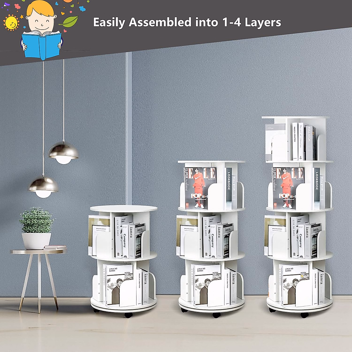 usego 4 Tier Rotating Bookshelf with Wheel Wood 360° Floor Standing Bookcase Display Storage Rack Multi-Functional Bookshelf Organizer for Home Office Living Room Study