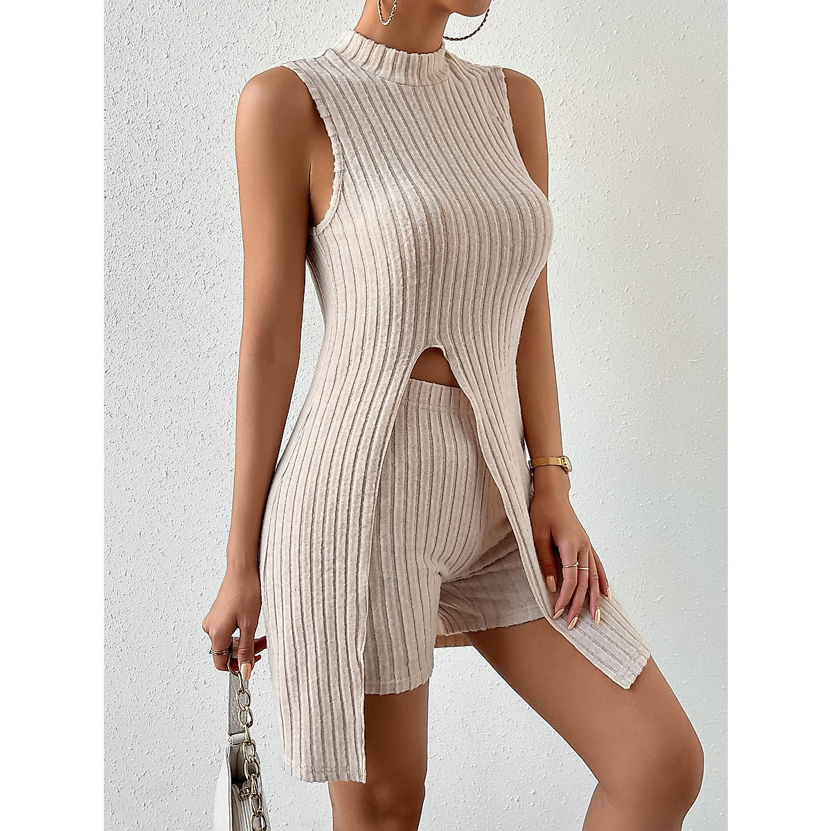 WDIRARA Women's 2 Piece Outfits Rib Knit Mock Neck Sleeveless Split Hem Tank Dress and Shorts Set Apricot XL