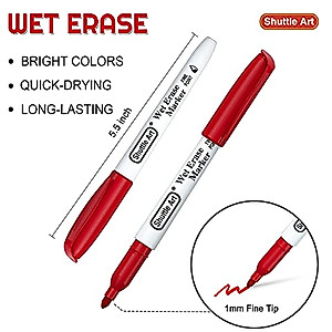 Shuttle Art Wet Erase Markers, 15 Colors 1mm Fine Tip Smudge-Free Markers, Use on Laminated Calendars,Overhead Projectors,Schedules,Whiteboards,Transparencies,Glass,Wipe with Water