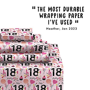CENTRAL 23 Girls Wrapping Paper Birthday - 6 Sheets of Pink Gift Wrap - 18th Birthday Wrapping Paper for Women Her Friends - For Daughter - Age 18 - Comes with Fun Stickers