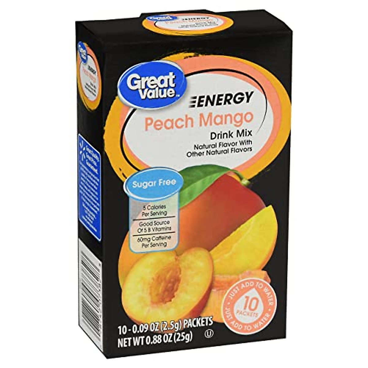 Great Value Sugar Free, Low Calorie ENERGY Peach Mango Drink Mix (Pack of 6)