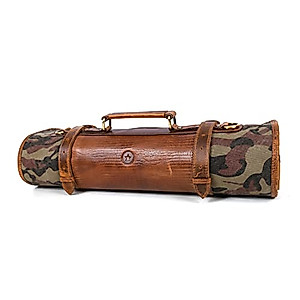 Leather Canvas Knife Roll Storage Bag Expandable 10 Pockets Detachable Shoulder Strap Travel-Friendly Chef Knife Case Roll By Aaron Leather Goods (Louisville, Canvas Leather)