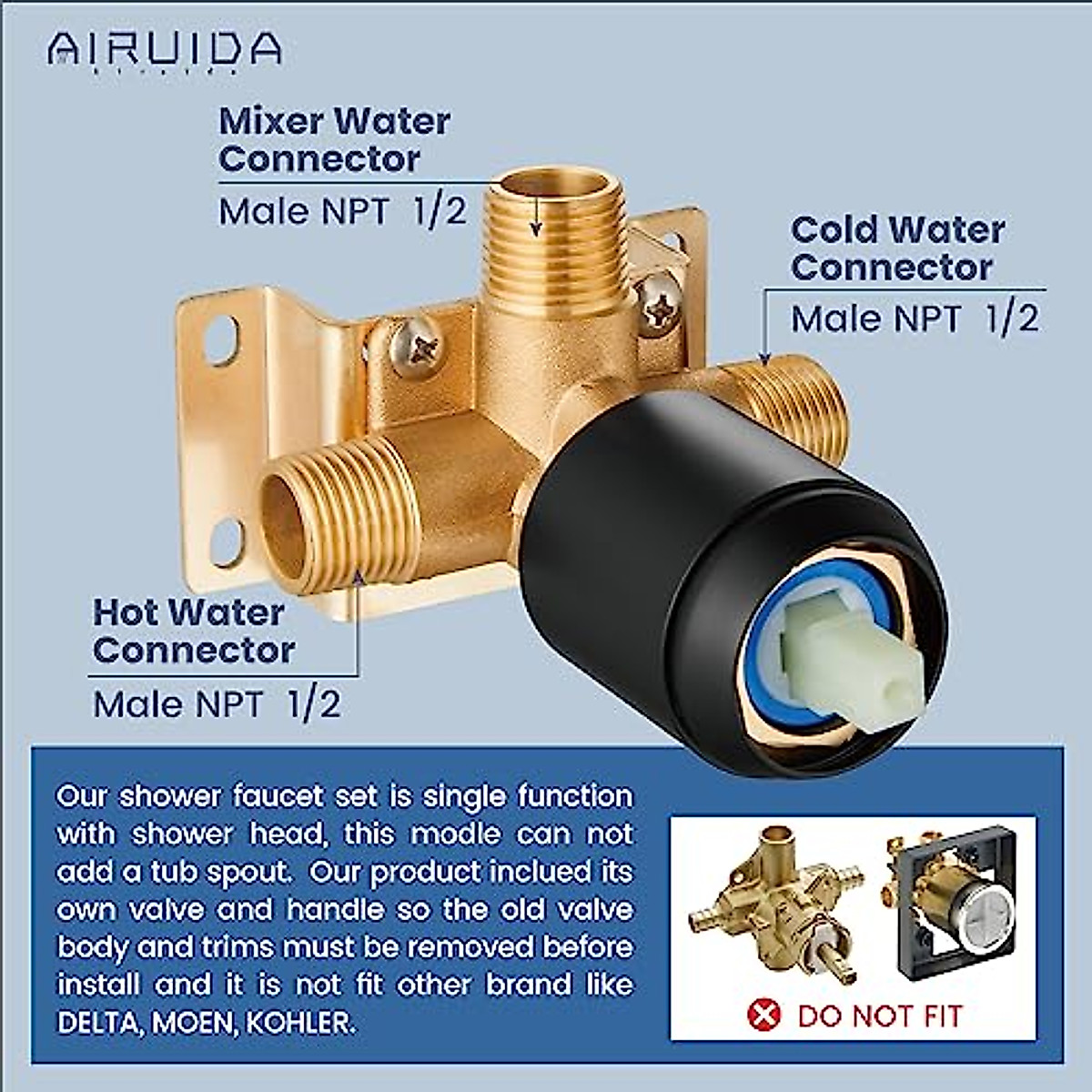 Airuida Shower Faucet Set Bathroom Rain Shower System SUS304 Stainless Steel Single Handle With Male Threads Rough-in Valve Shower Trim Kit 8 Inch Wall Mount Shower Head Matte Black